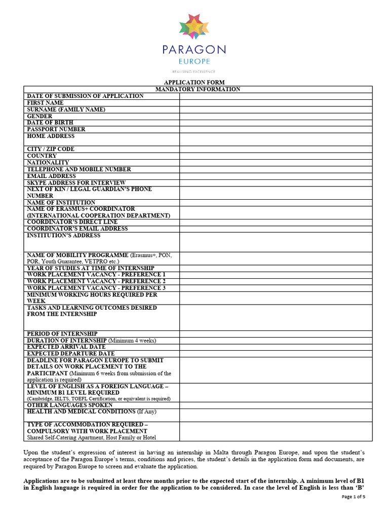 Internship Application Form Paragon Europe 2016 | PDF | Insurance | Malta