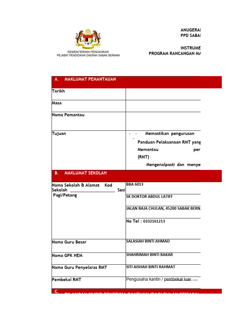 Instrumen Pengurusan RMT (SR) 2023 | PDF