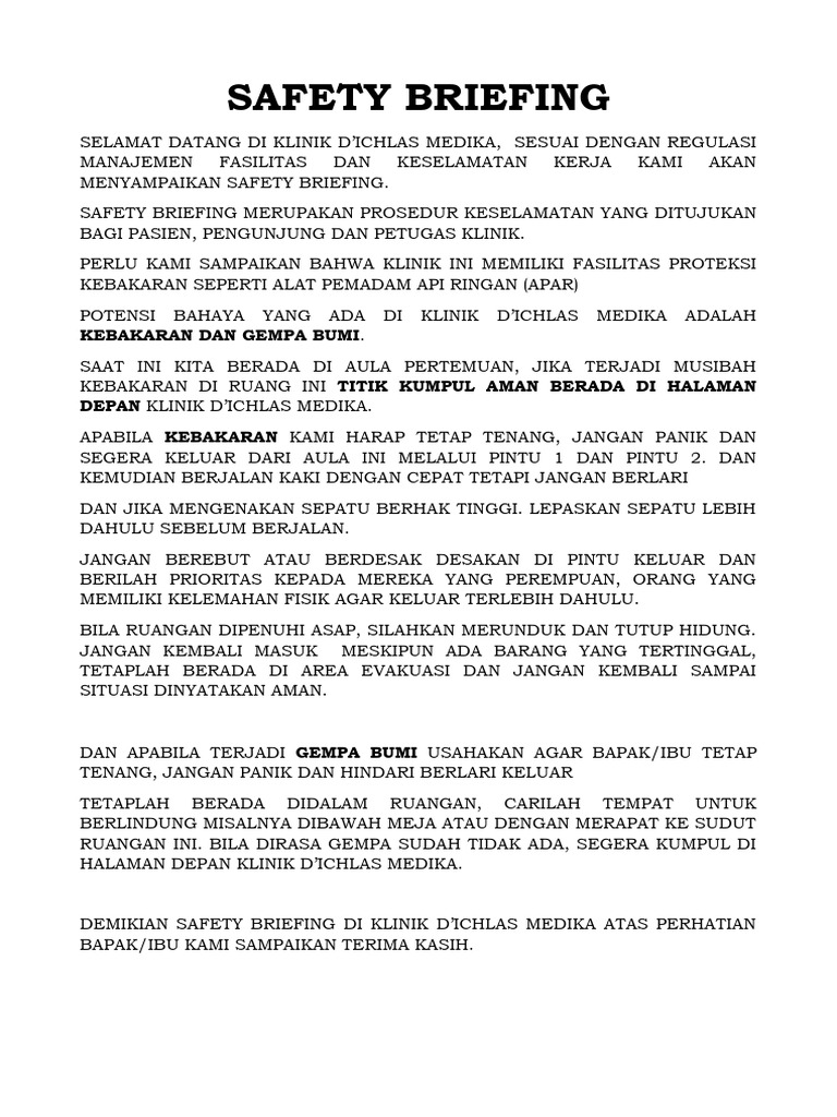 Safety Briefing di Klinik D'Ichlas Medika | PDF