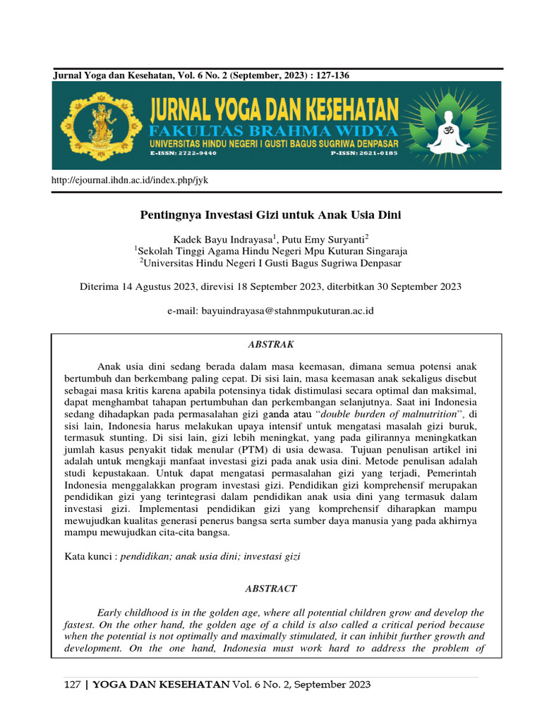 Pentingnya Investasi Gizi Untuk Anak Usia Dini: Jurnal Yoga Dan Kesehatan, Vol. 6 No. 2 ...