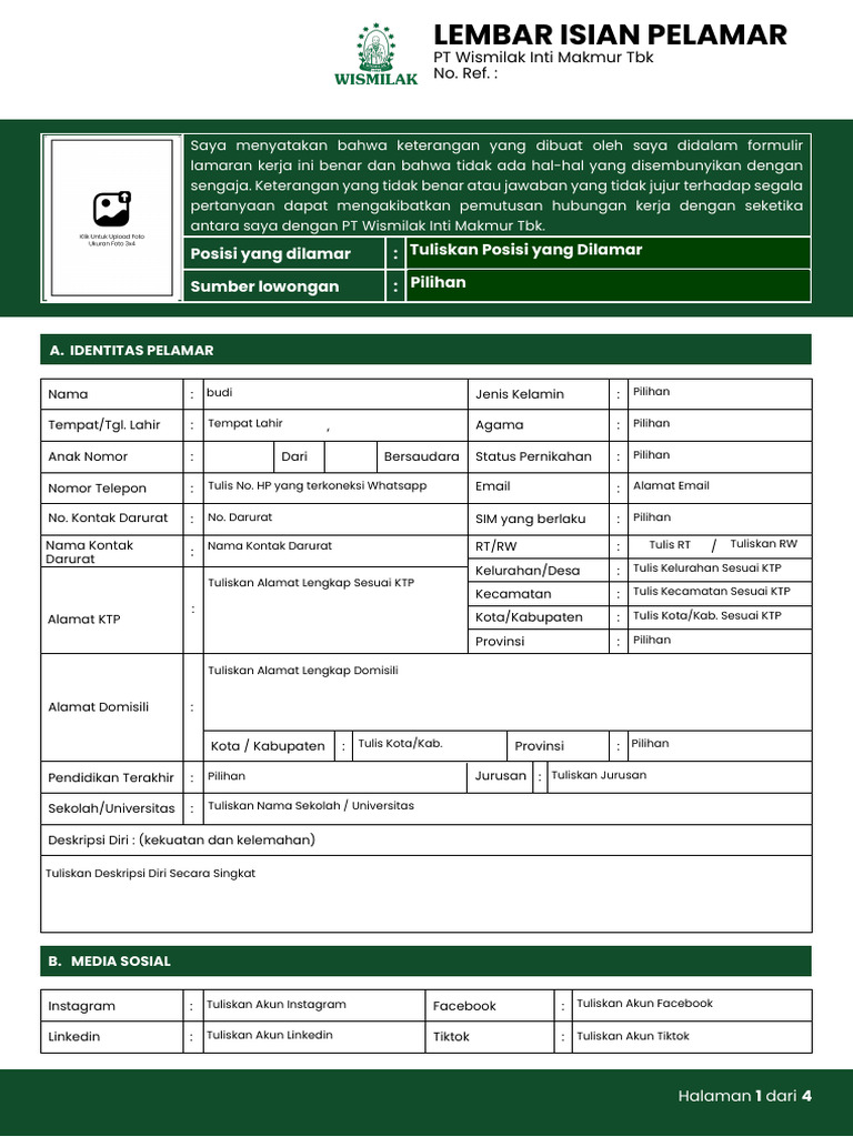 Lembar Isian Pelamar 2023 - (Nama) | PDF