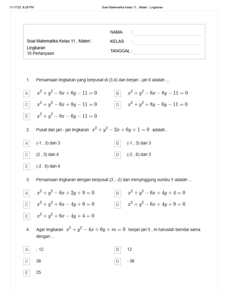Soal Matematika Kelas 11, Materi - Lingkaran | PDF