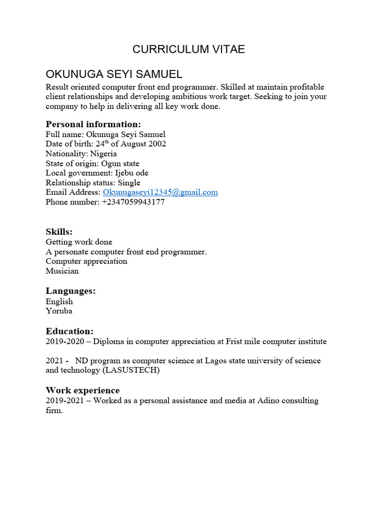 Okunuga Seyi Samuel CV | PDF