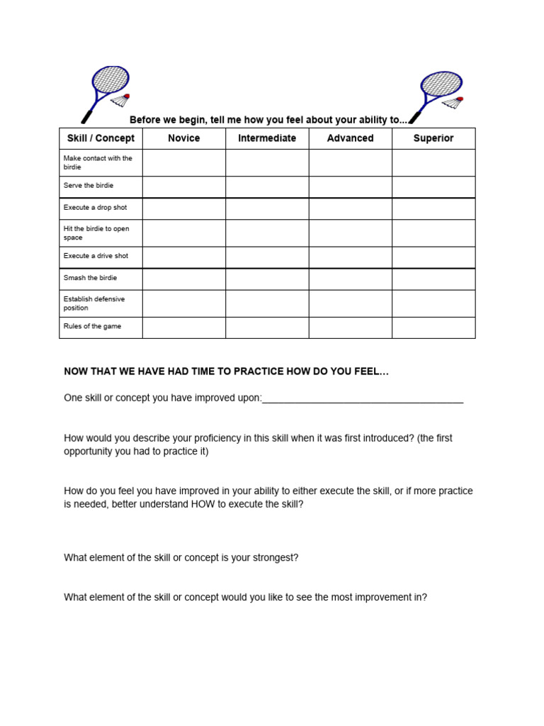 Badminton Student Pre-Assessment | PDF