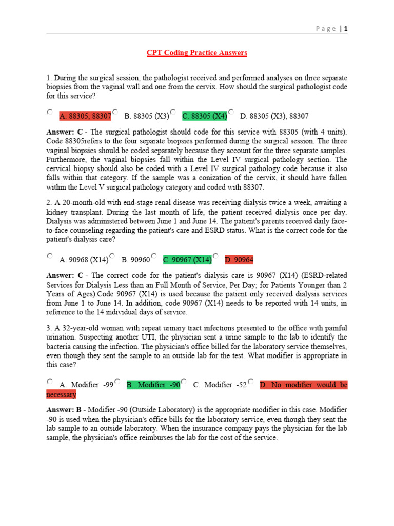 CPT Coding Practice Answers | PDF | Bronchitis | Biopsy