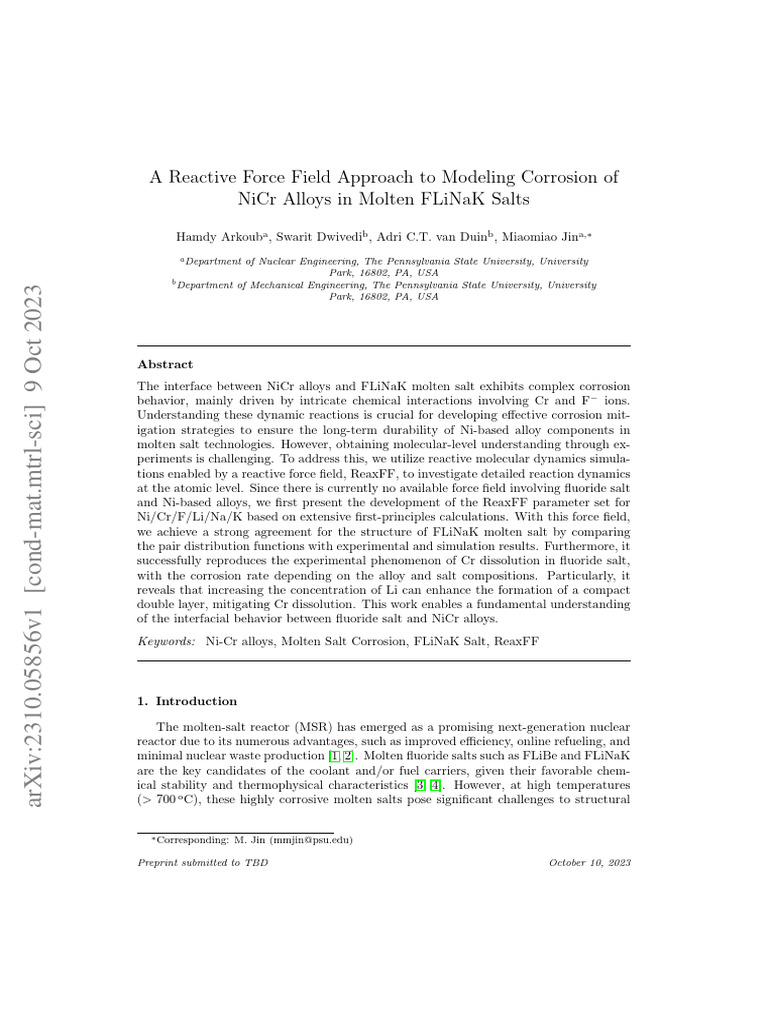 A Reactive Force Field Approach To Modeling Corrosion of NiCr Alloys in Molten FLiNaK Salts ...