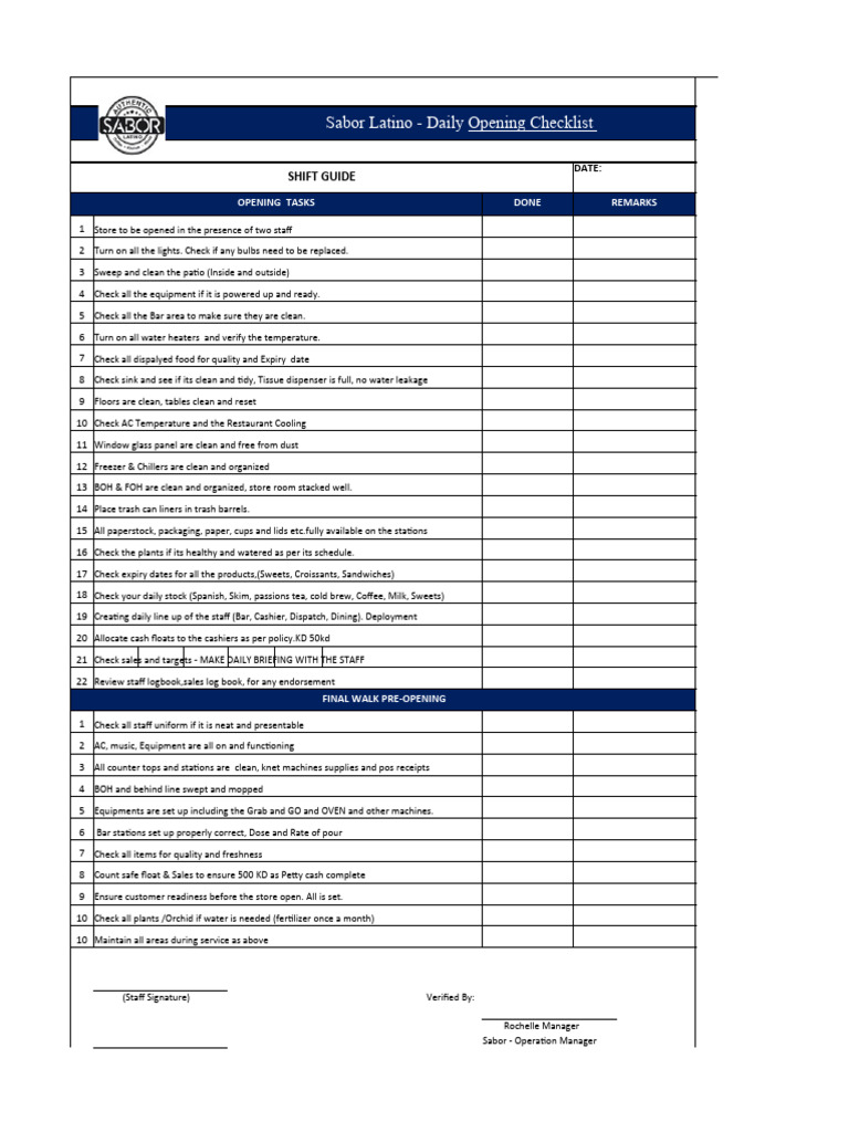 Opening Checklist | PDF