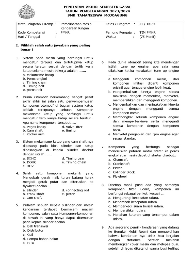Soal PMKR Pas Ganjil Kelas Xi TKR TH 2023 - 2024 | PDF