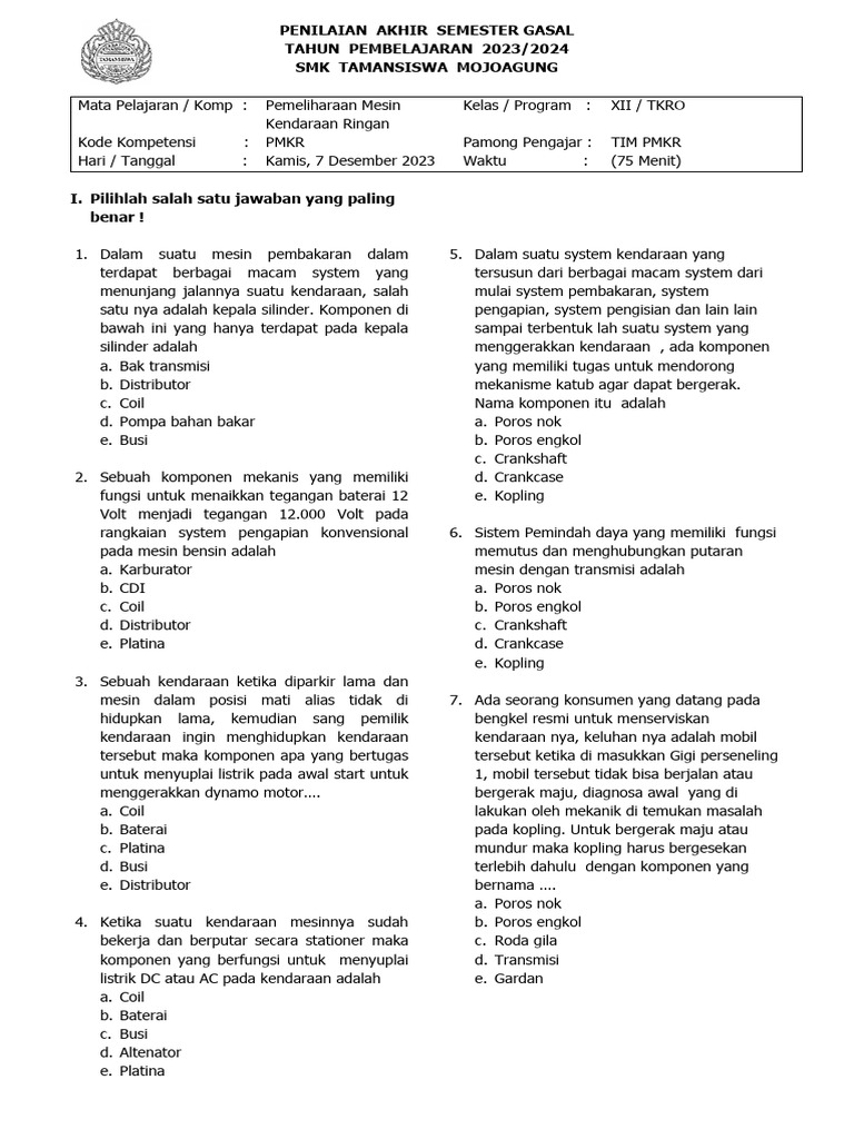 Soal PMKR Pas Ganjil Kelas Xii TKR TH 2023 - 2024 | PDF