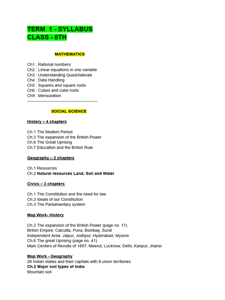 8th - Syllabus For Term1 | PDF