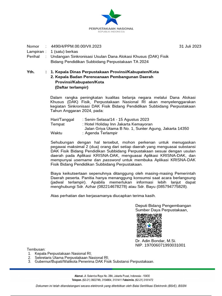 Undangan - Sinkronisasi - Usulan - Dana - Alokasi - Khusus - DAK - Fisik - Bidang Perpustakaan ...