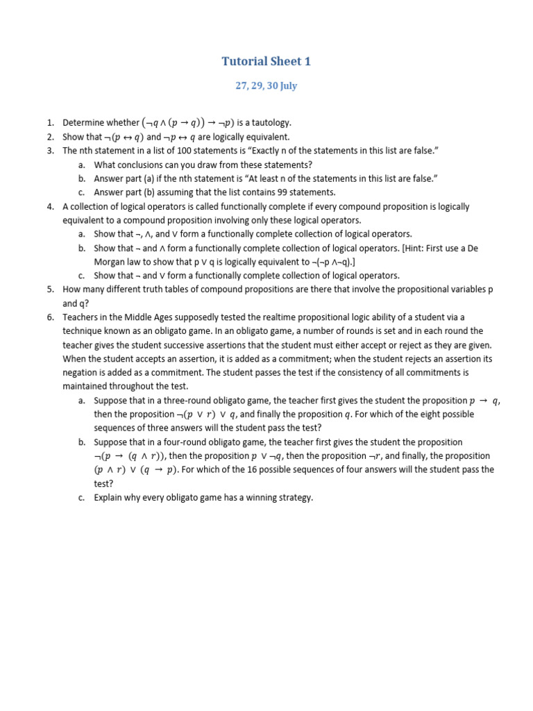 Tut 1 | PDF | Logic | Proposition