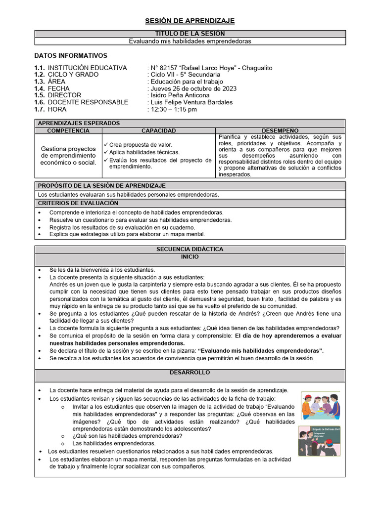 Sesión de Aprendizaje Ept | PDF | Aprendizaje | Iniciativa empresarial