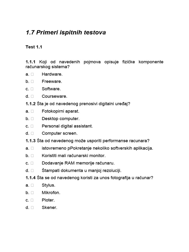 Primeri Ispitnih Testova Modul 1 | PDF