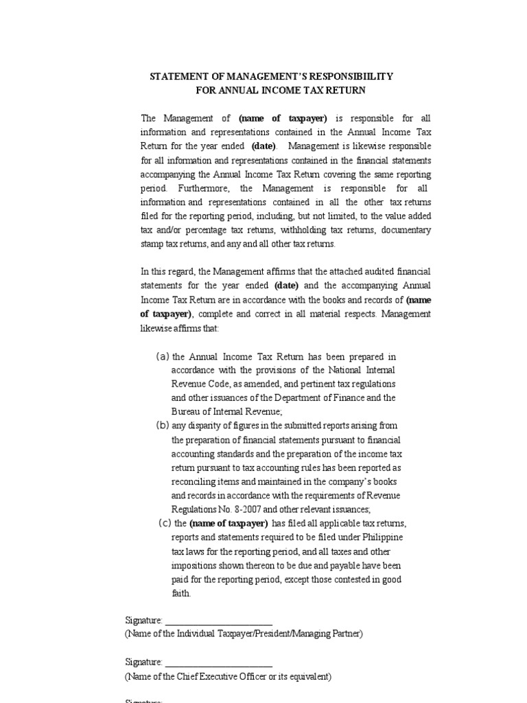 BIR - Statement of Management Responsibility - 2010 | PDF