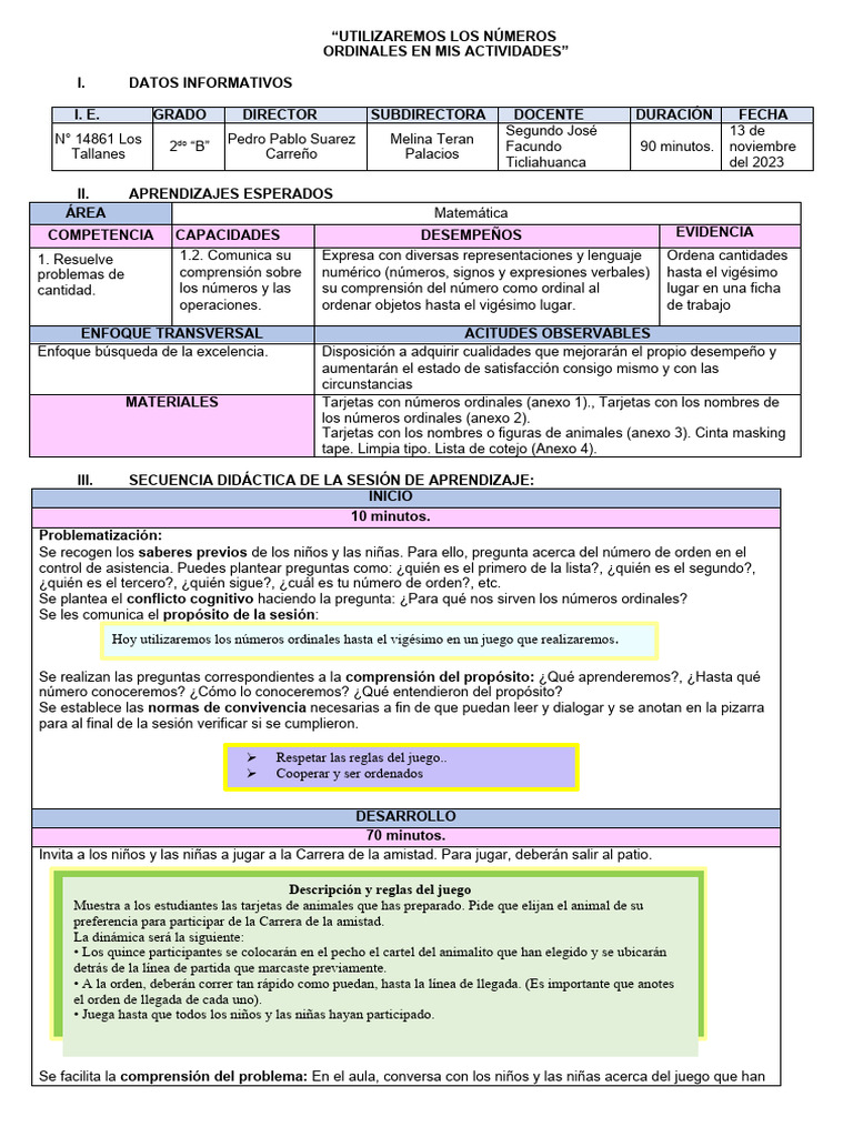 Sesion-De-Aprendizaje-Numeros Ordinales 13 Nov 2023 | PDF ...