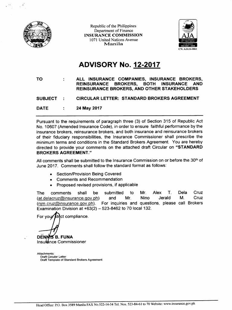 Advisory No. 12 2017 Circular Letter Standard Brokers Agreement BrokersDiv | PDF | Insurance ...