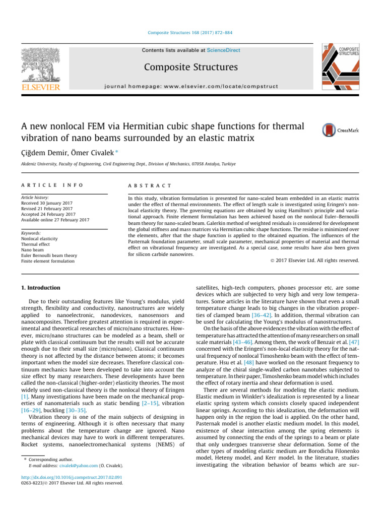 1 A New Nonlocal Fem Via Hermitian Cubic Shape Functions For Thermal Vibration Of Nano Beams