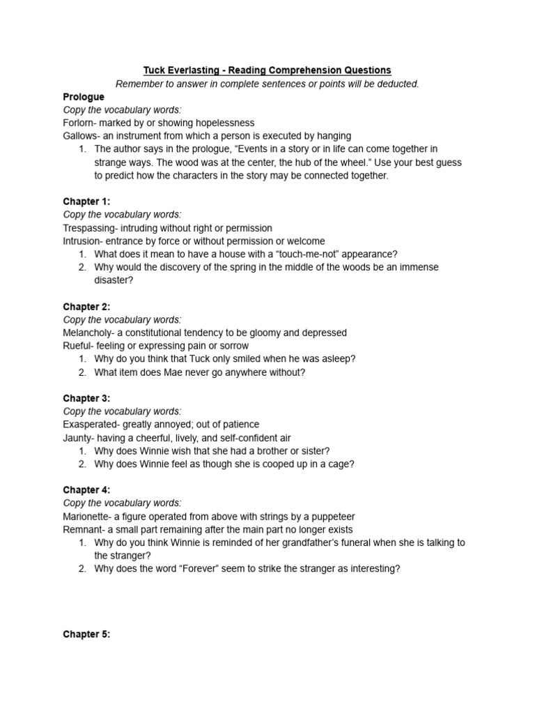 Tuck Everlasting - Reading Comprehension Questions | PDF