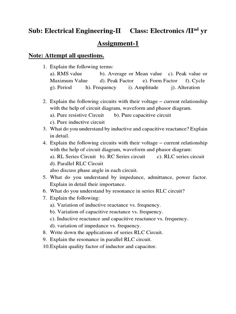 Sub: Electrical Engineering-II Class: Electronics /II Yr Assignment-1 | PDF