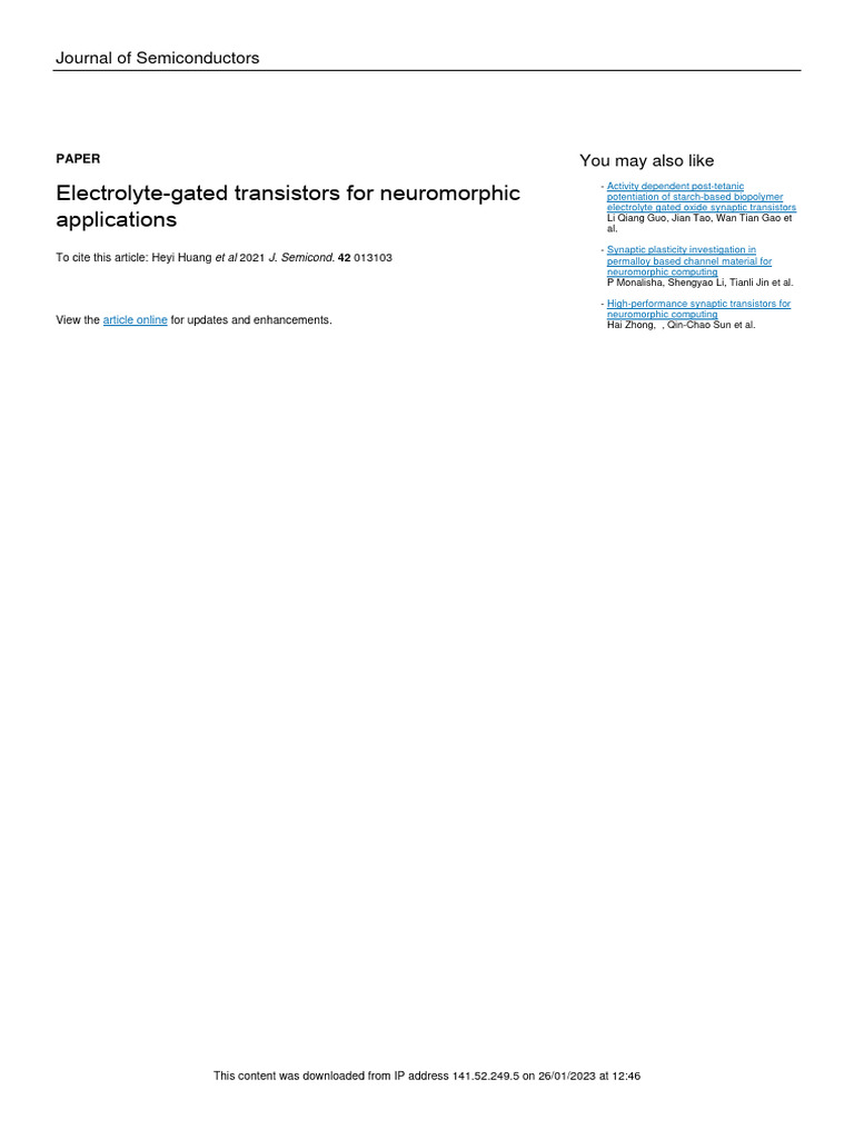 Electrolyte-Gated Transistors For Neuromorphic Applications | PDF | Field Effect Transistor ...