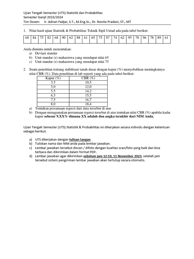 Soal UTS Statistik Probabilitas 11 November 2023 | PDF