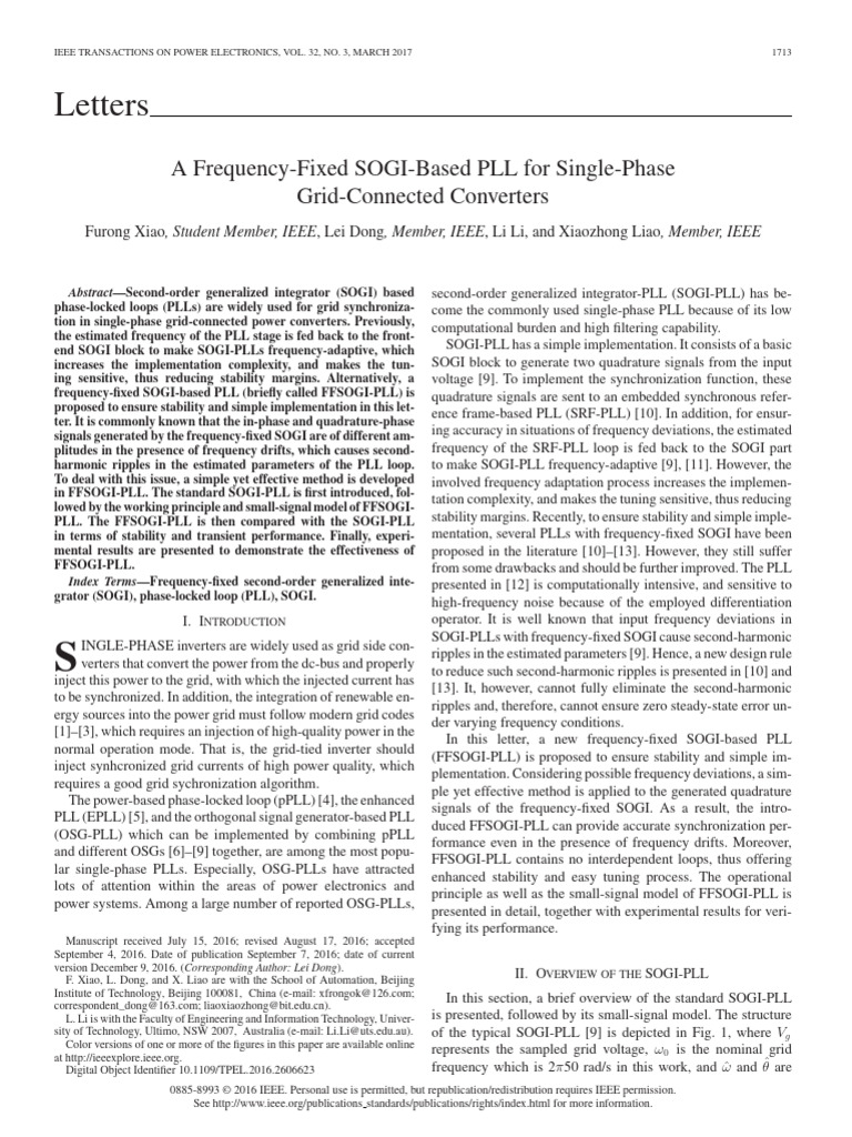 A Frequency-Fixed SOGI-Based PLL For Single-Phase | PDF | Computer ...