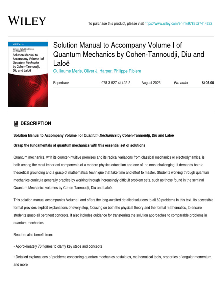 Wiley - Solution Manual To Accompany Volume I of Quantum Mechanics by ... Wiley - Solution Manual To Accompany Volume I of Quantum Mechanics by ...