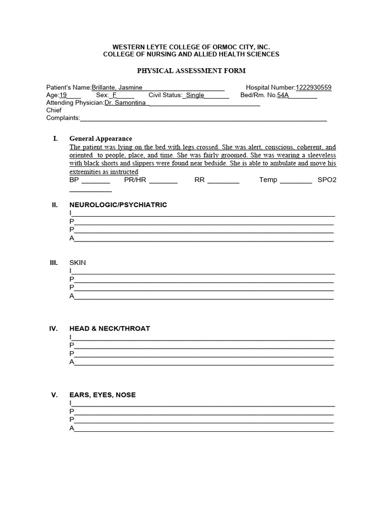 Patient Physical Assessment Form | PDF | Thorax | Respiratory System