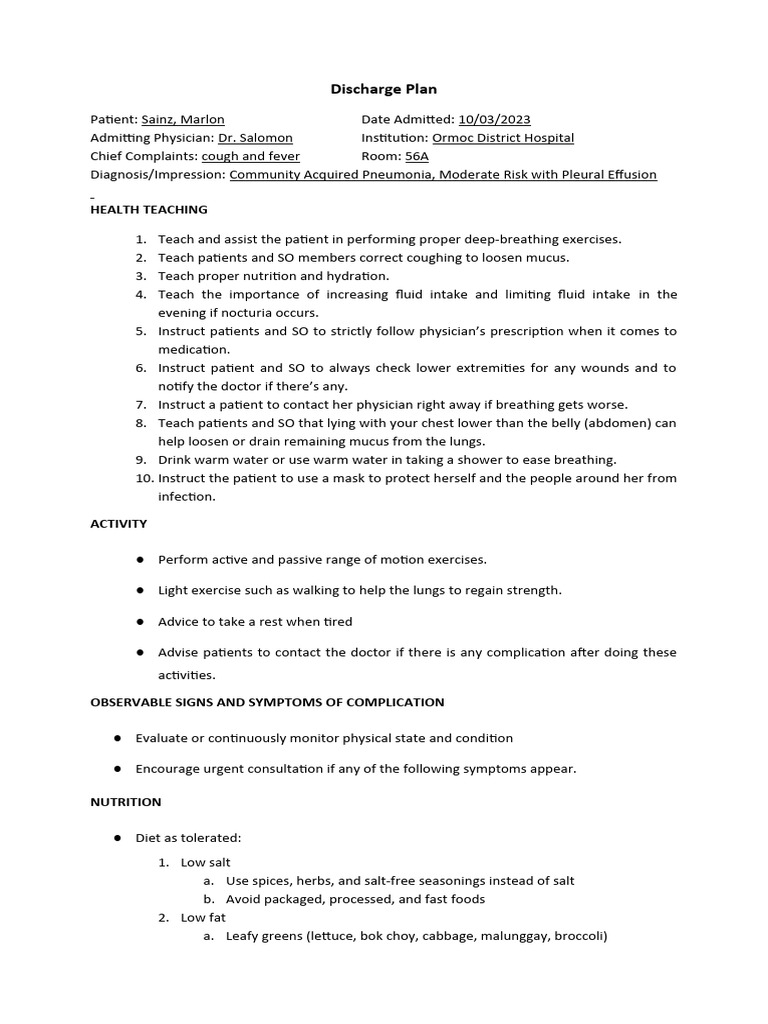 Discharge Plan | PDF | Patient | Fat