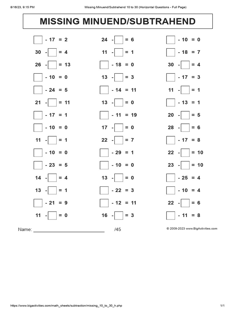 Missing Minuend - Subtrahend 10 To 30 (Horizontal Questions - Full Page ...