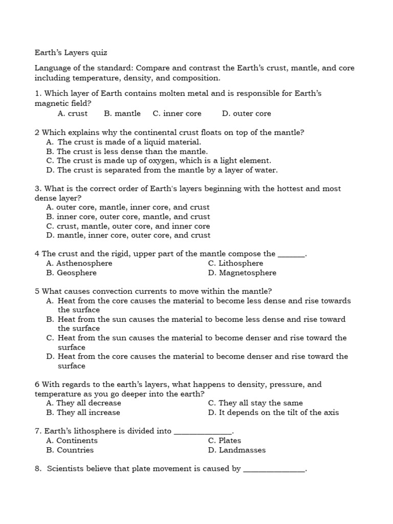 Earths Interior Quiz | PDF | Earth | Planetary Core