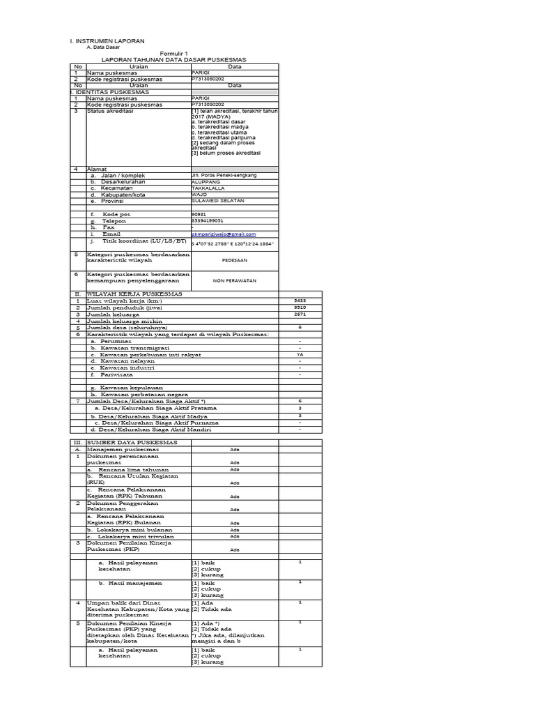Form Laporan Data Dasar Pusk. Parigi | PDF