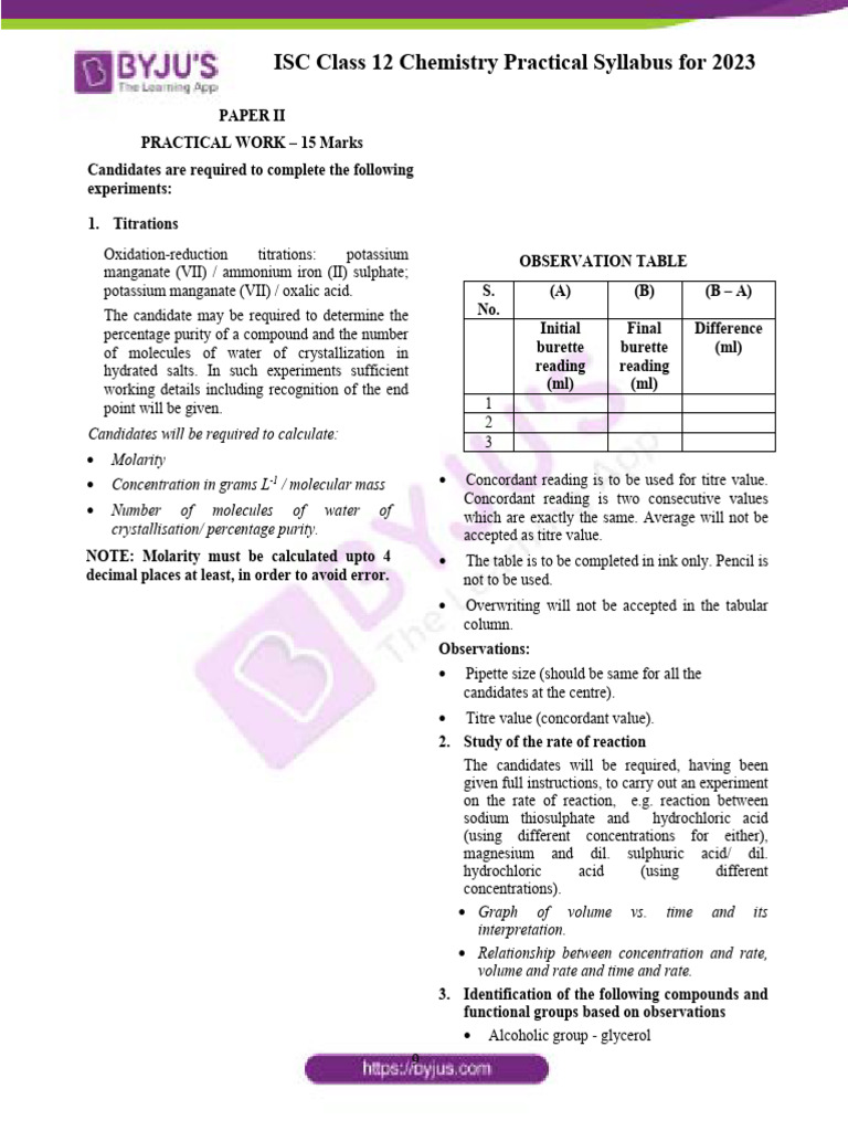 ISC Class 12 Chemistry Practical Syllabus | PDF | Acid | Salt (Chemistry)