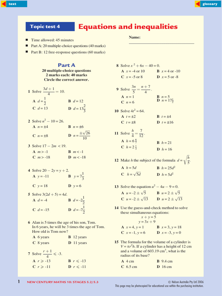 Equations & Inequalities Test | PDF | Tests | Mathematics