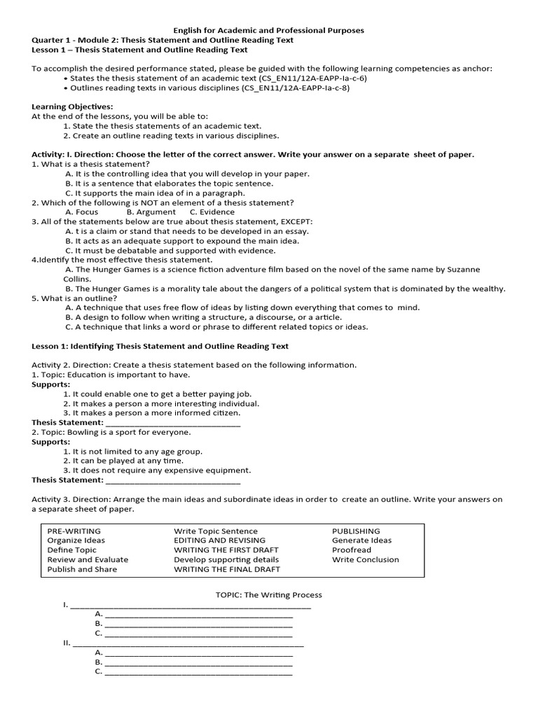 Eapp Module 2 Thesis Statement Outline Reading Text | PDF | Writing