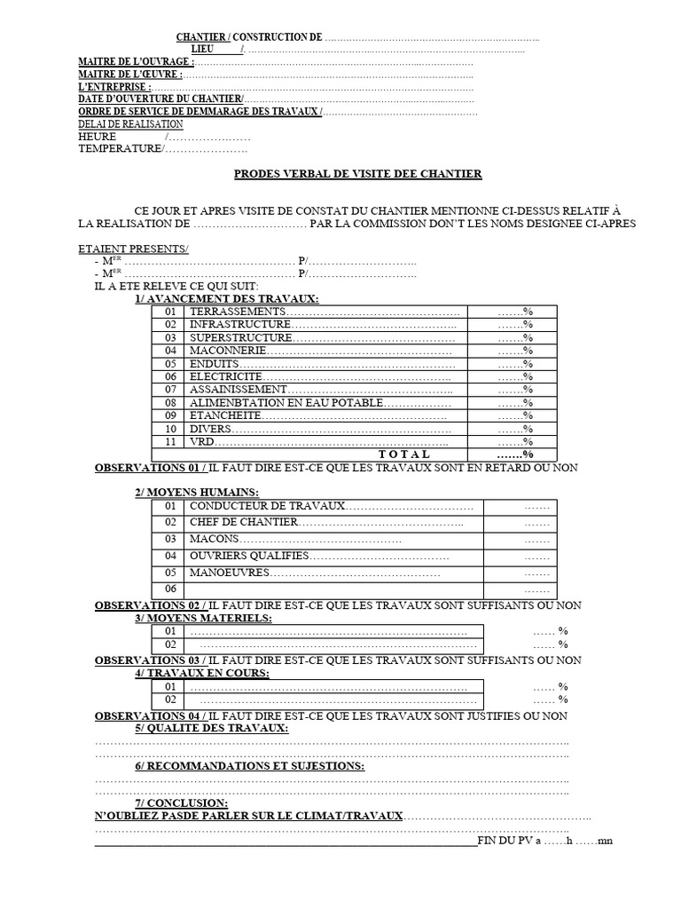 Procès verbal de visite de chantier | PDF