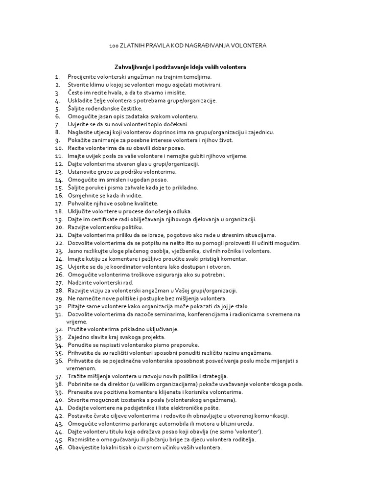 100 Zlatnih Pravila Kod Nagrađivanja Volontera | PDF