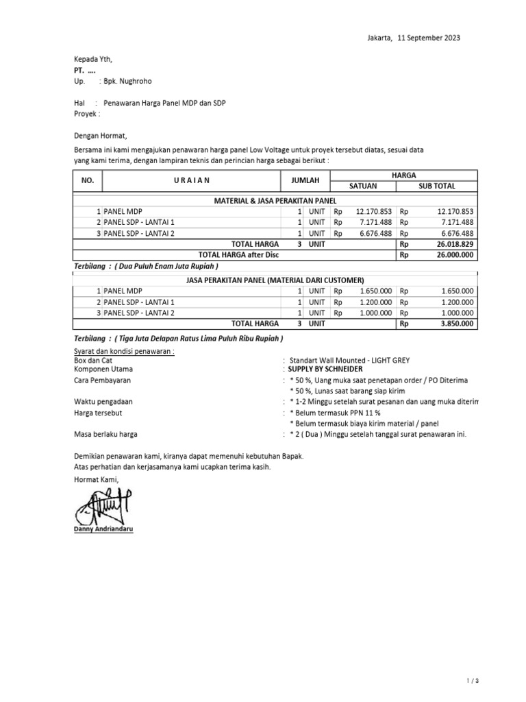 Penawaran Harga Panel MDP & SDP - Bpk. Nugroho | PDF