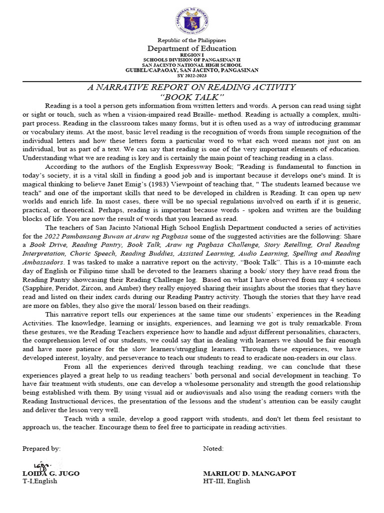 Book Talk Narrative Report-Project Search | PDF | Cognitive Science ...