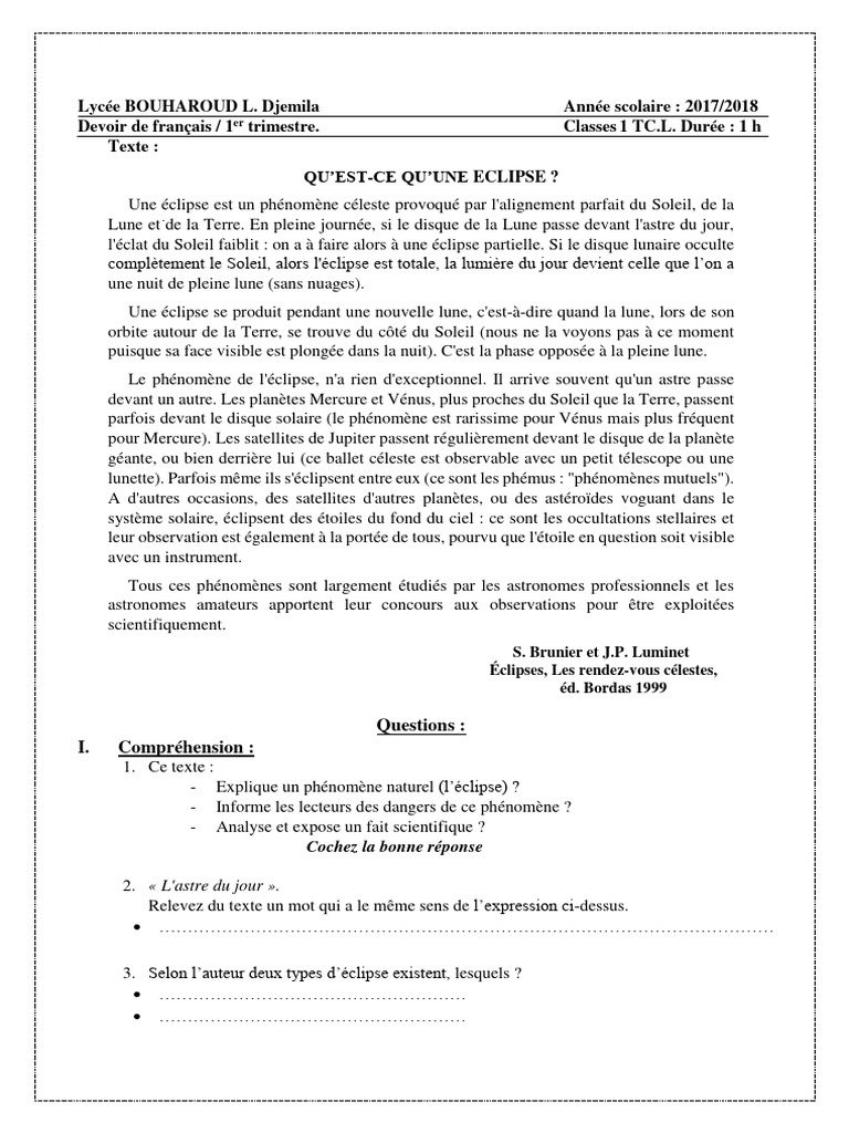 Dzexams 1as Francais 372723 | PDF | Éclipse solaire | Lune