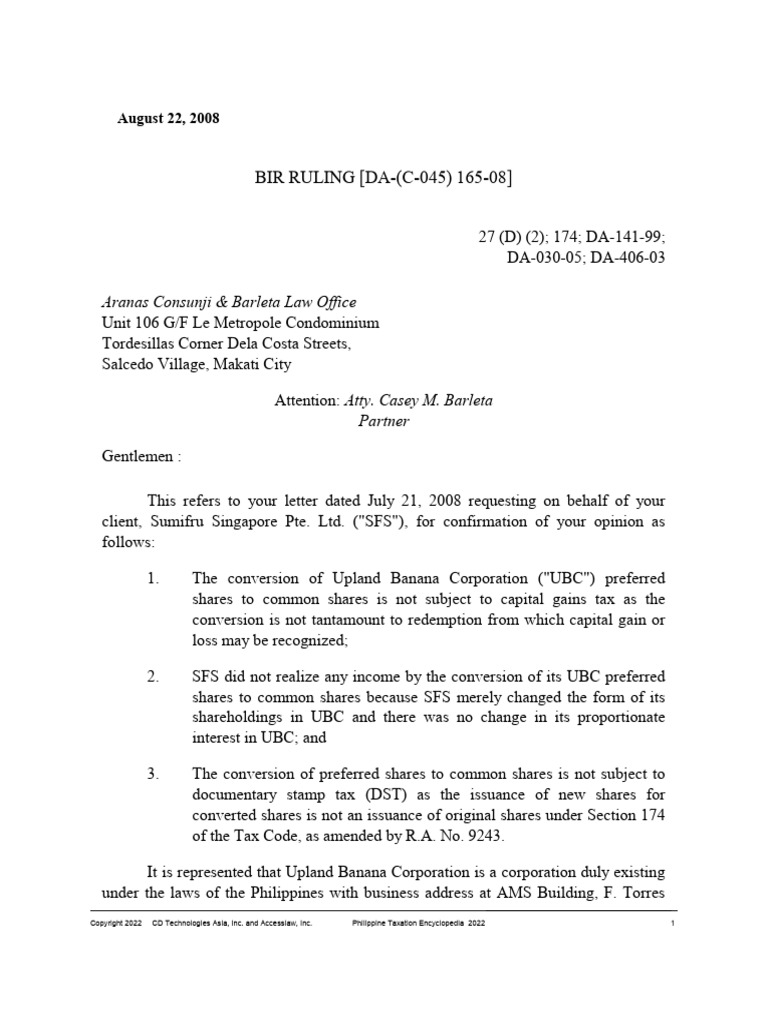 BIR Ruling DA - (C-045) 15-08 Shares Conversion | PDF | Preferred Stock ...