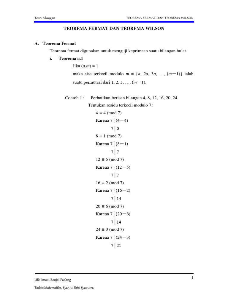 Teorema Fermat & Wilson: Contoh & Aplikasi | PDF
