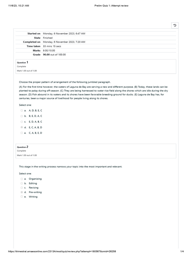 Prelim Quiz 1 - ENG 101 90% | PDF