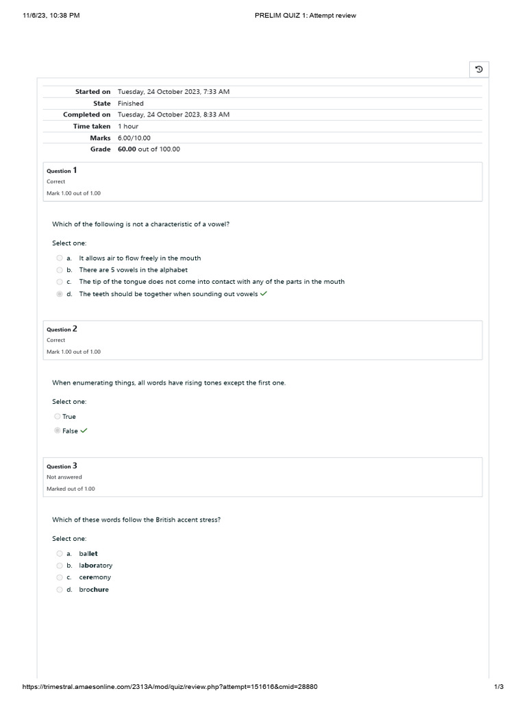 Prelim Quiz 1 - Eng 202 60% | PDF | Stress (Linguistics) | Vowel