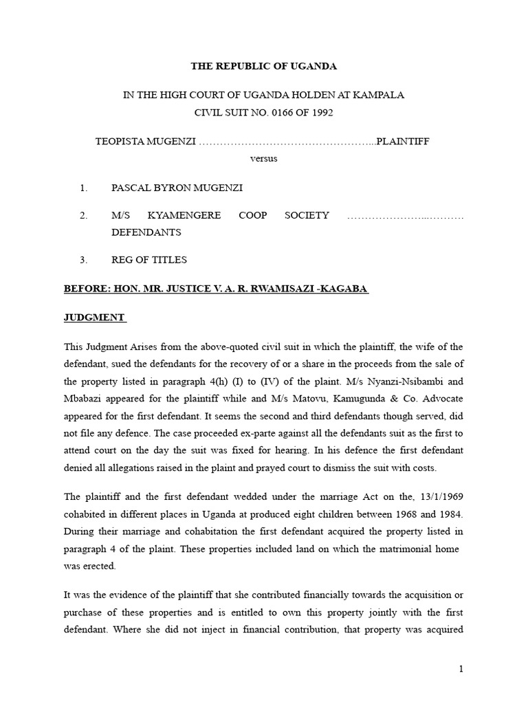 Muganza V Mugenzi 2 Ors (Civil Suit No 166 of 1992) 2003 UGHC 88 (22 ...