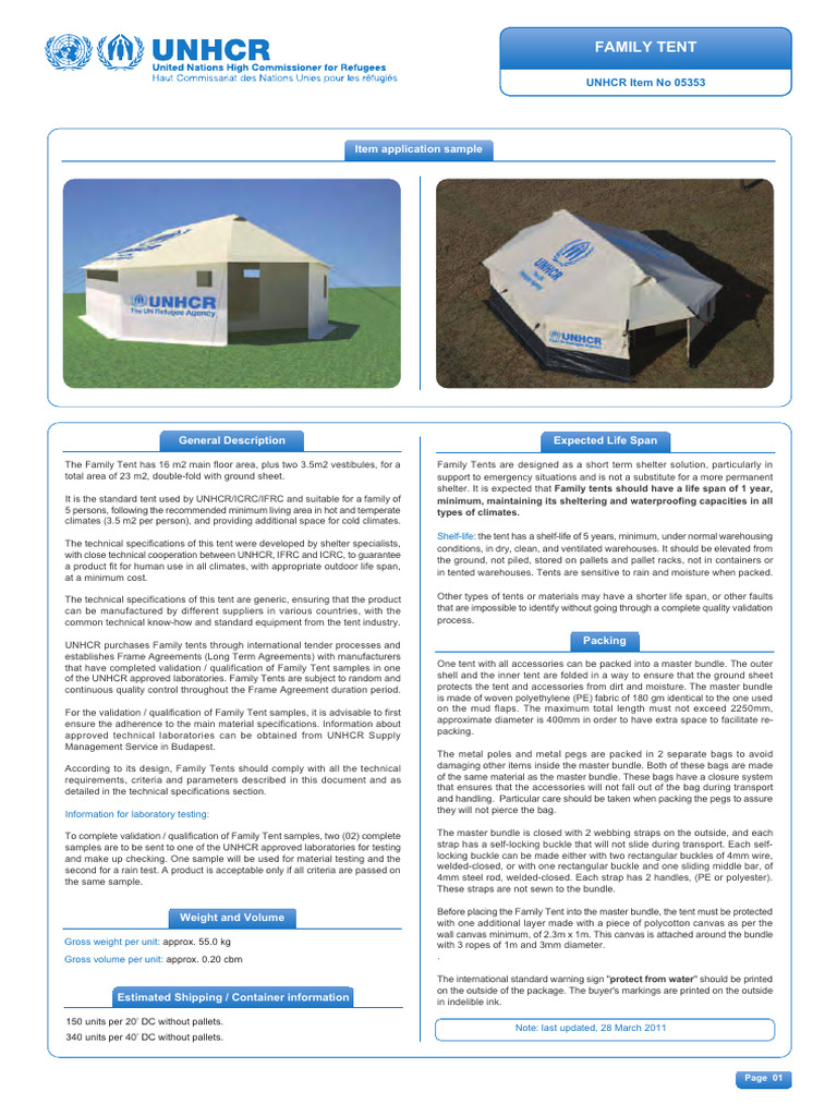 UNHCR Family Tents | PDF | Tent | Warehouse