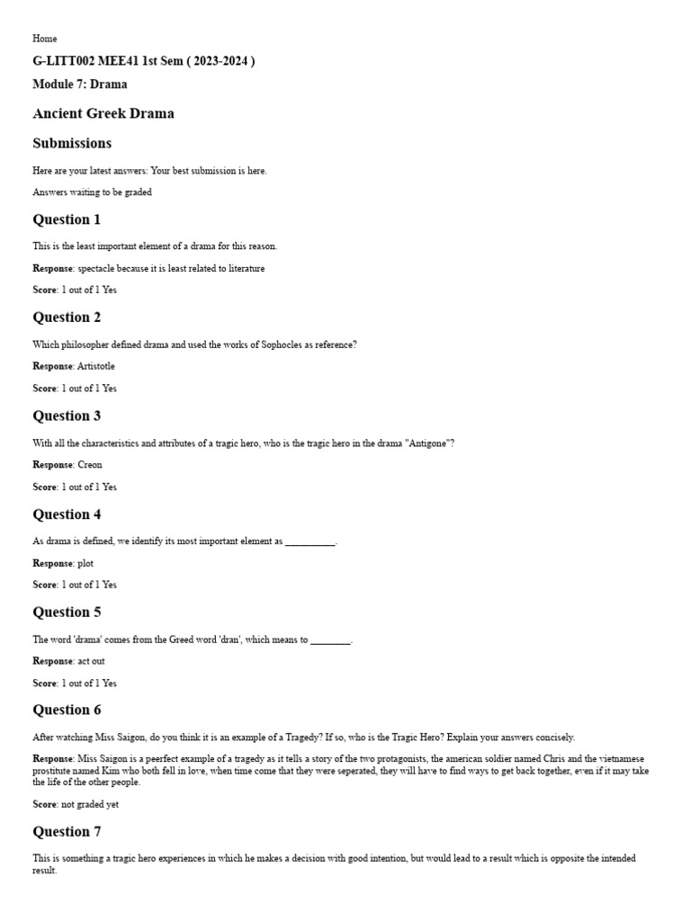 G LITT002 MEE41 1st Sem 2023 2024 Ancient Greek Drama DLSU D College - GS | PDF