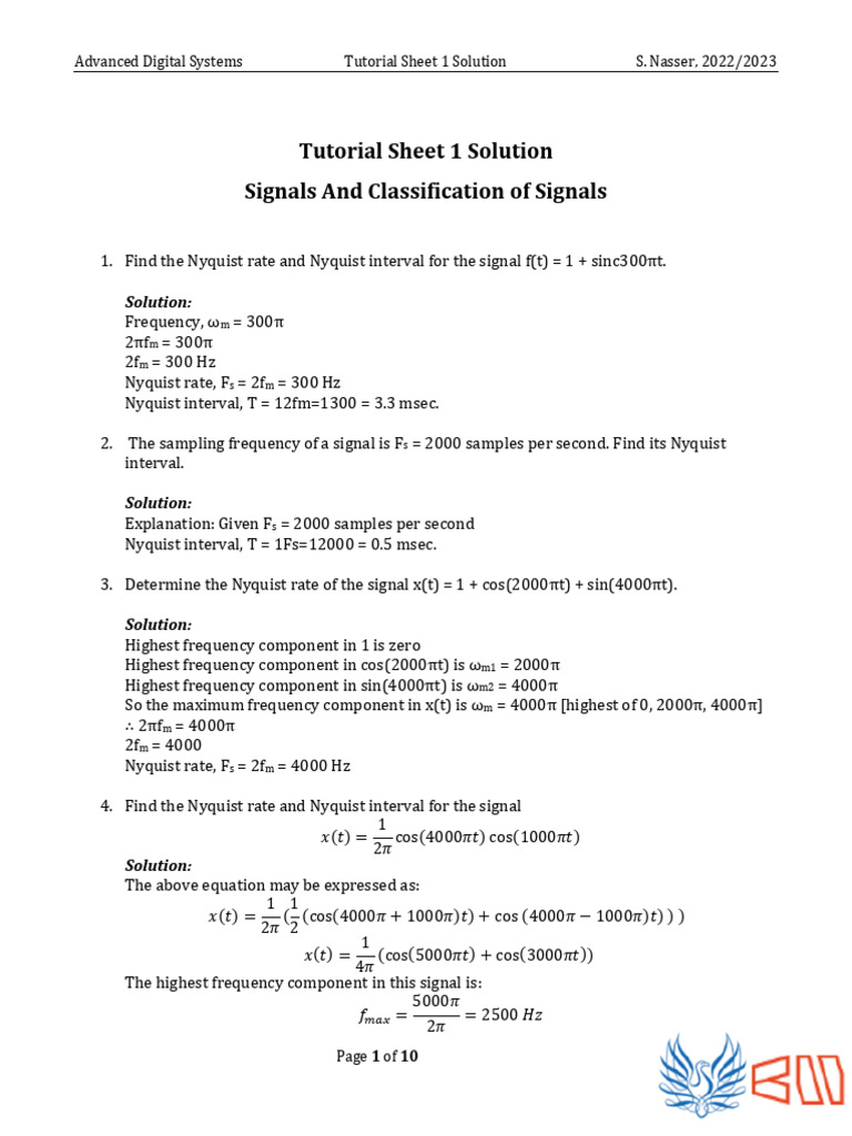 Tutorial Sheet 1 Solution | Download Free PDF | Sampling (Signal Processing) | Discrete Time And ...