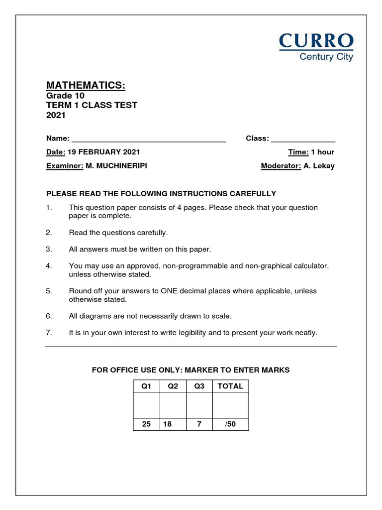 Grade 10 Term 1 Class Test | PDF | Numbers | Number Theory
